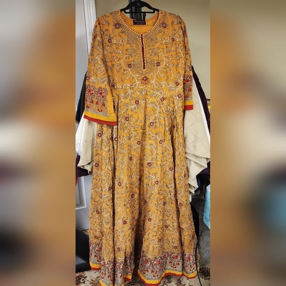 Other | Mustard Gold Frock With Red And Gold Sequence Work Size Med To ...